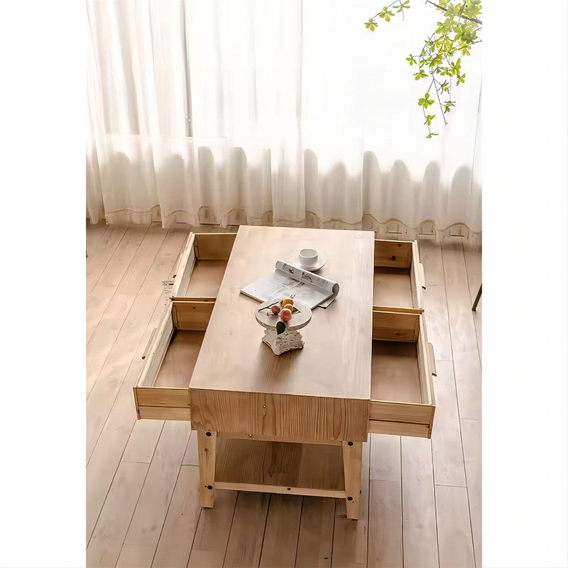 4 Glass Drawers Storage Center Tea Table Wooden Coffee Table with Shel LANOR HOME